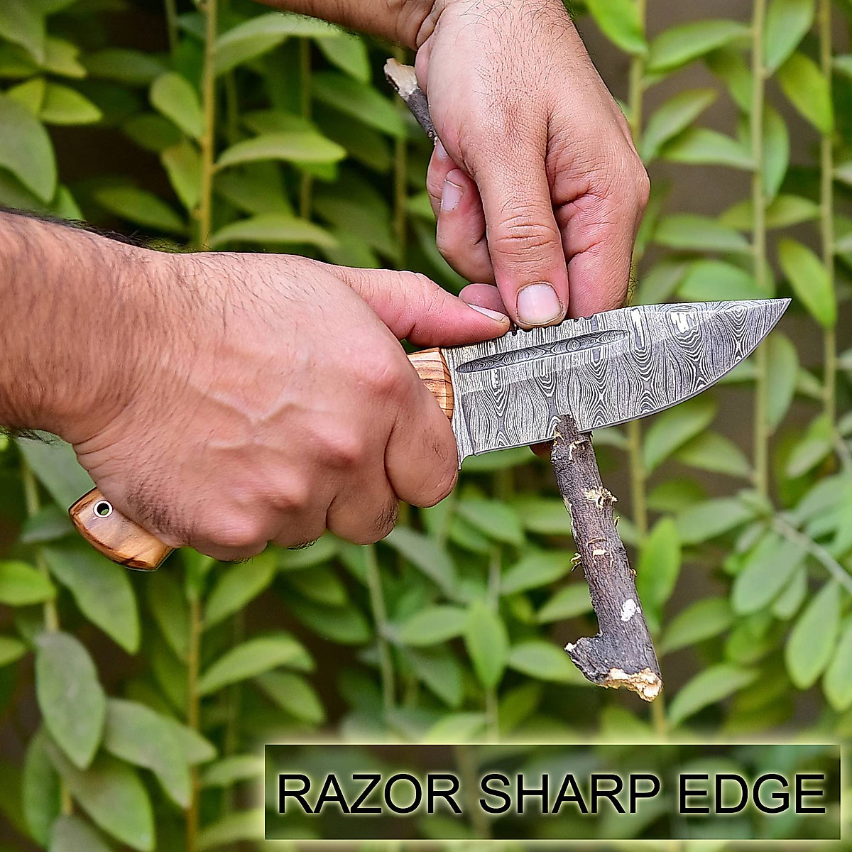 BG Knives Handmade Damascus Steel Hunting Fixed Blade Knife With Leather Sheath, Olive Wood Handle - 9.75" Length Full Tang Multipurpose Knife K-152