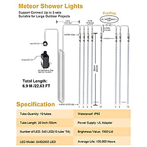 EAGWELL Outdoor Shower Lights, Warm White Meteor Shower Lights 50cm 10 Tube 540 LEDs Falling Rain Lights, Waterproof Meteor String Lights for Garden Yard Porch Wedding Party Christmas Tree Decor