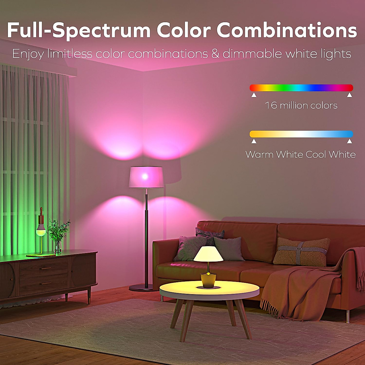RCA Smart Light Bulbs, Multicolor LED, WiFi, Dimmable Color Changing Light Bulb, 800 Lumens 10W, Alexa & Google Home Compatible, 60W EQ A19 RGB Light, 2.4GHz only, No Hub Req, 2-PK