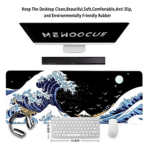 MEWOOCUE Gaming Laptop Mouse Pad, Sea Wave Big Desk Pads PC Keyboard Waterproof and Non-Slip 31.02 x 11.8inches 3mm Thick XL,XXL Rubber Table Mat, Kanagawa Surfing and Black