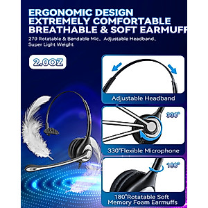 Wantek Corded Office Telephone Headset RJ9 with Noise Cancelling Mic and Quick Disconnect Compatible with Polycom VVX310 VVX311 VVX410 VVX411 Shoretel 230 480 Avaya 1408 1416 5410 Mitel 5220(600QS3)