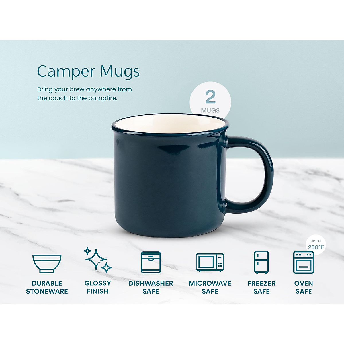 KooK Camping Mug, Camping Coffee Mugs, Urban Outdoor Hiking Coffee Cup, Ceramic, Camp Casual, for Campfire, Tea, Hot Chocolate, Soup, Microwave and Dishwasher Safe, 14 oz, Set of 2 Navy Blue