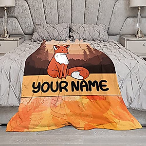 Personalized Fox Throw Blanket with Name Text Cute Fox Blanket Soft Warm Lightweight Flannel Blanket Fox Fur Blanket for Bed Couch Travel Gifts for Fox Lovers