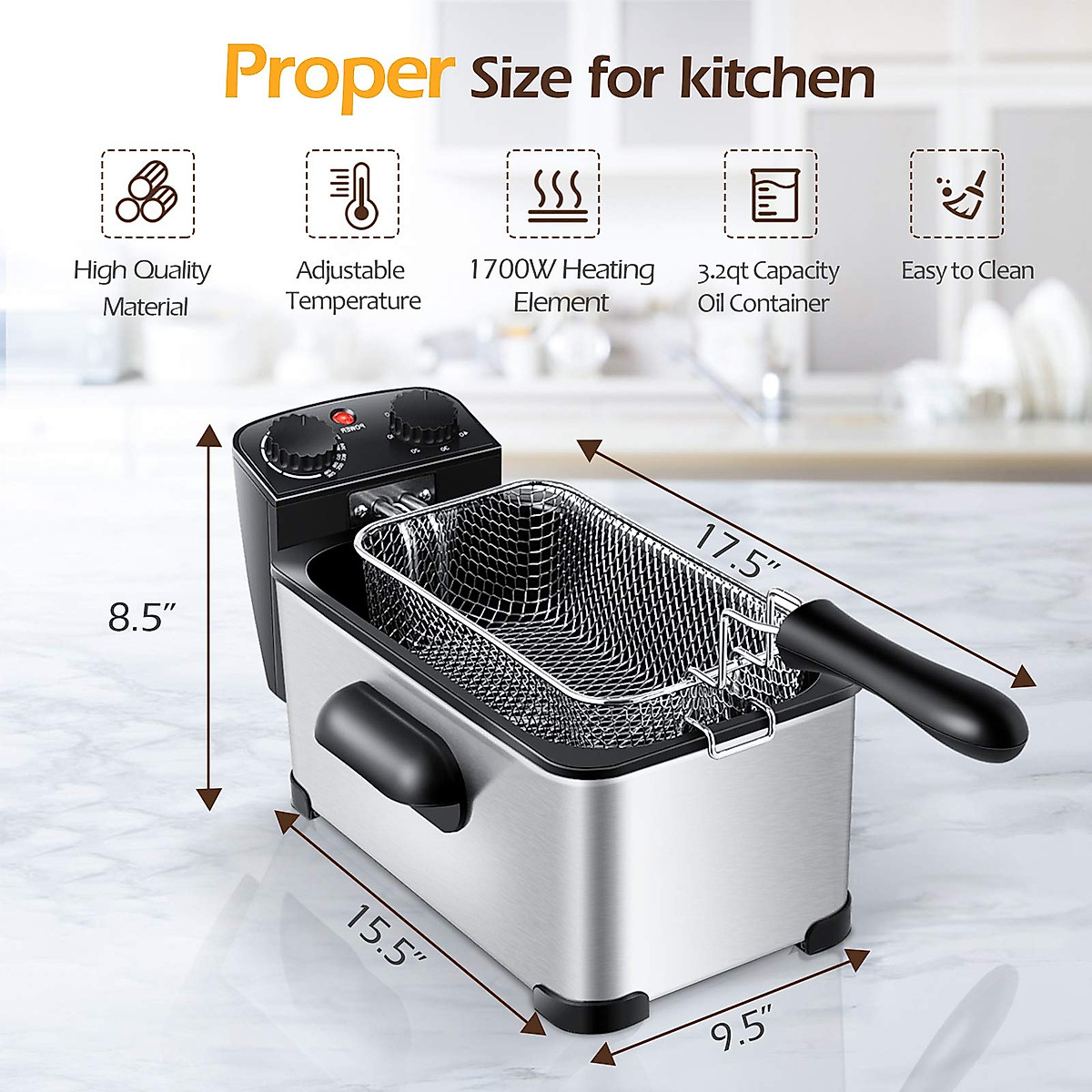 ARLIME Deep Fryer with Basket, 3.2 Qt/3L Electric Fryer with Adjustable Temperature & Timer, Removable Oil-Container & Lid w/View Window, Stainless Steel Small Deep Fryers for Home Use, Kitchen