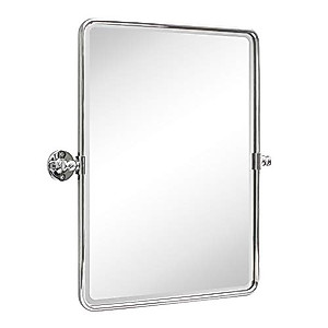TEHOME 20 x 24 inch Farmhouse Chrome Metal Framed Pivot Rectangle Bathroom Mirror Rounded Rectangluar Tilting Beveled Vanity Mirrors for Wall