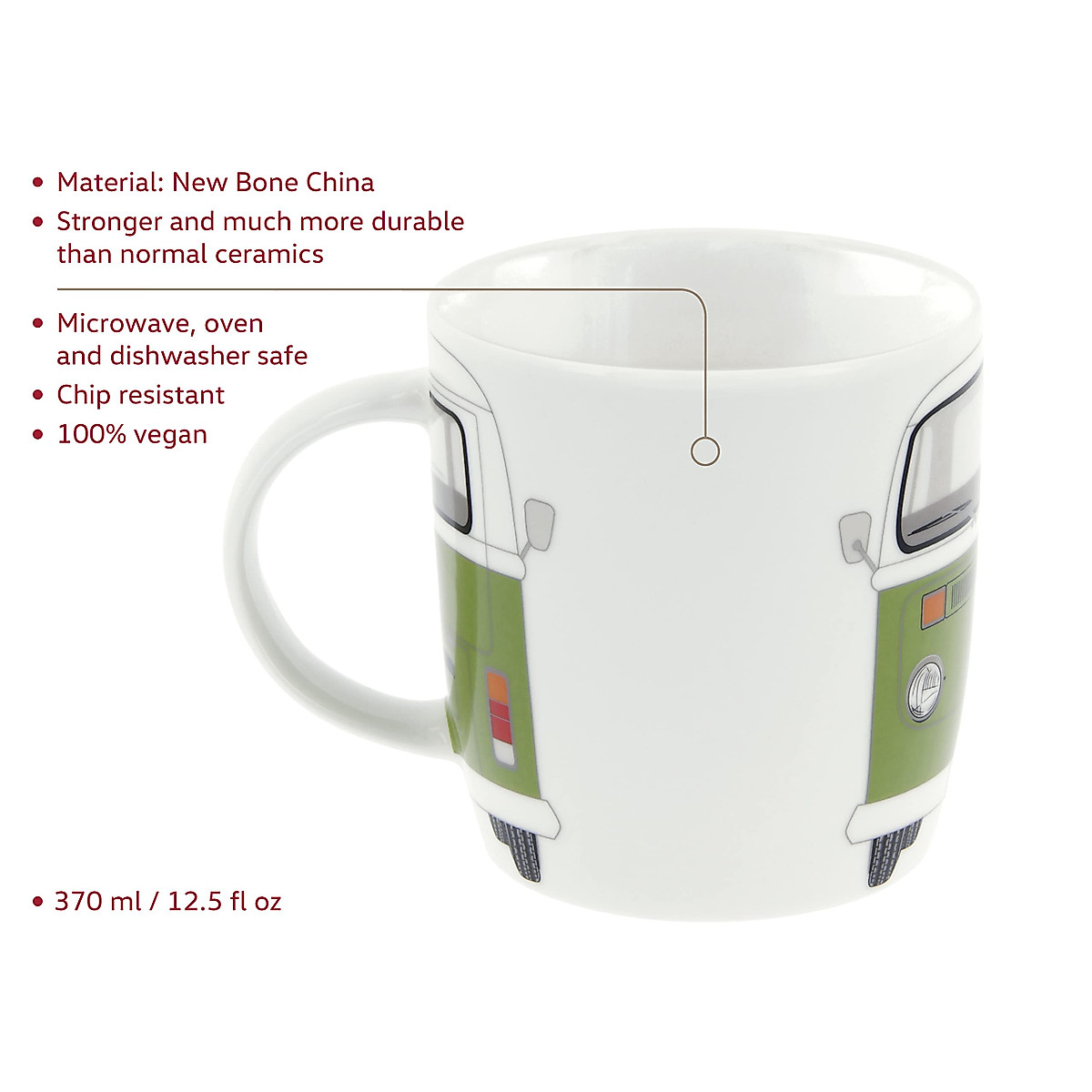 BRISA VW Collection - Volkswagen Large Ceramic Coffee-Tea-Cappuccino Mug Cup in T2 Bus Campervan Design (370 ml/12.5 fl oz/Bus Front/Green)