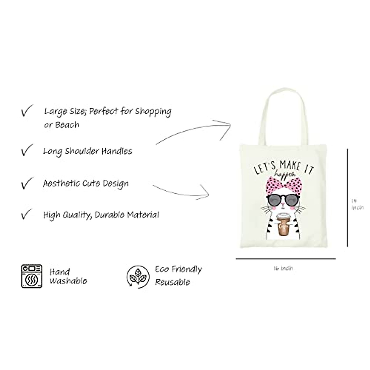 Cute Canvas Tote Bag - Cat Gifts for Women - Pink Cat Gifts for Cat Lovers - Cat Mom Gifts - Birthday Bags for Cat Lover Gifts - Teacher, Book Tote Bag - Reusable for Shopping (Coffee Cat)