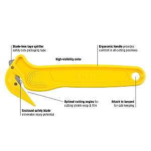 Pacific Handy Cutter DFC364 Film Cutter, w/ Tape Splitter, Disposable, Yellow, 6 Packs