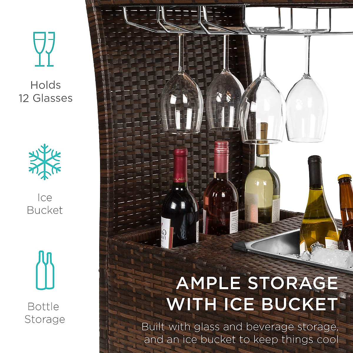 Best Choice Products Outdoor Rolling Wicker Bar Cart w/Removable Ice Bucket, Glass Countertop, Wine Glass Holders, Storage Compartments - Brown
