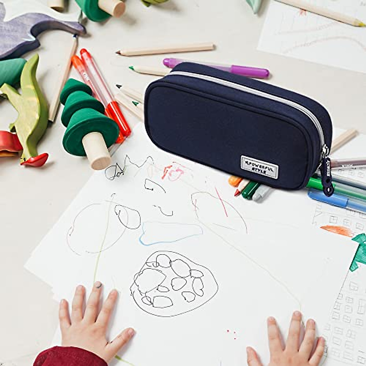 LELE LIFE Big Capacity Pencil Case with 3 Compartments, Double Zipper Sturdy Canvas Pen Case, Pencil Bag Stationery Pouch for School Students Office, Blue