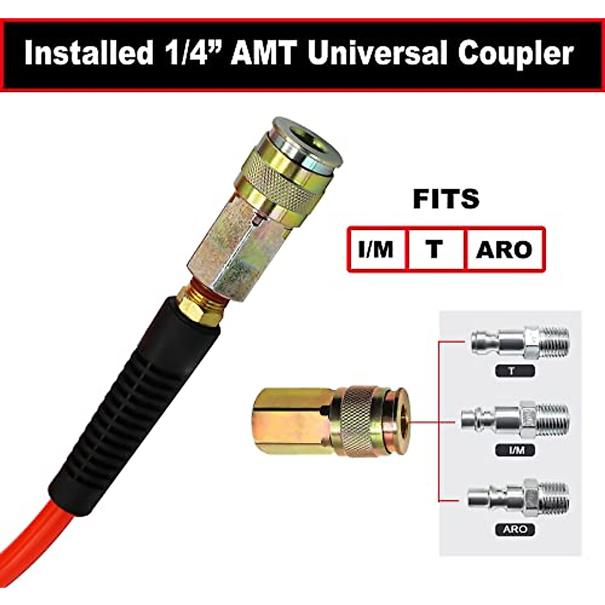 EADUTY Hybrid Air Hose 1/4 In. x 50 ft, Heavy Duty, Lightweight, Flexible Compressor Hose with AMT Universal Quick Coupelr and Ball Swivel Plug, Orange