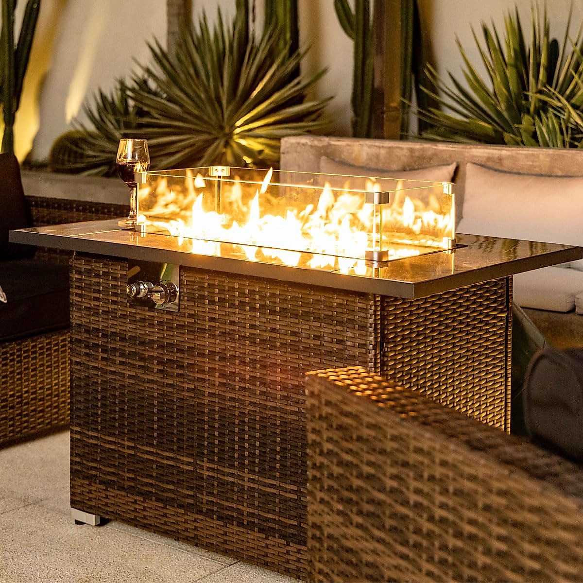 Senjoys 44in Outdoor Propane Gas Fire Pit Table, 50,000 BTU Auto-Ignition Gas Firepit with Glass Wind Guard, Marble Tile Tabletop, Mixed Color Glass Rocks, Brown PE Rattan
