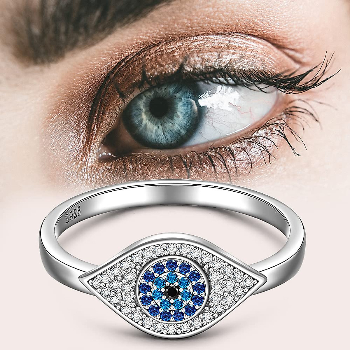 LOVGIFSET Evil Eye Ring Evil Eye Rings for Women Sterling Silver Greek Turkish Blue Eyes Blue Sapphire Protection Mal De Ojo Greek Nazar Amulet Jewelry Size 7
