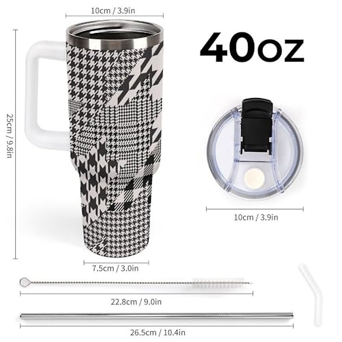 Niapessel Leak Proof Tumbler, Insulated Water Bottles with Straw, Houndstooth Black White Insulated Cup with Handle 40 Oz Stainless Steel Flask for School, Travel, Car, Sports, Work