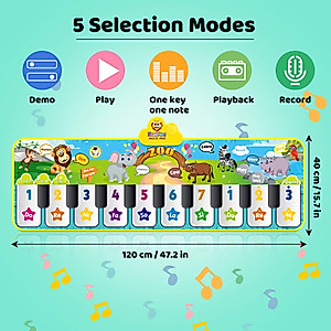 RenFox Baby Musical Mats with 42 Music Sounds, Kid Floor Piano Keyboard Dance Mat Animal Blanket Touch Playmat, Early Education Toys Gift for 1 2 3+ Years Old Toddlers Boys Girls