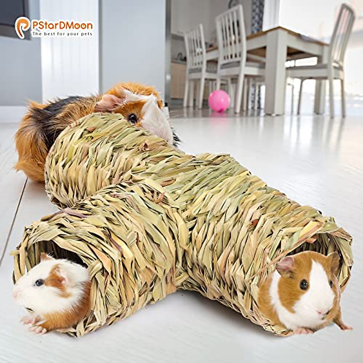 PStarDMoon Hamster Grass Tunnel Toy with Balls Nature's Hideaway Straw House with 4 Open Entrance Guinea Pig Tunnels and Tubes Toys for Rats,Syrian Gerbil,Ferrets,Little Rabbit (Style 1)