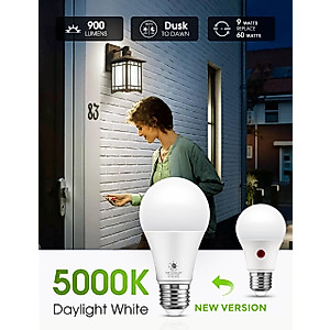 LOHAS Dusk to Dawn Light Bulbs Outdoor, Light Sensor Bulb 60W Equivalent, A19 LED Bulb Daylight 5000K, 9W Photocell Sensor LED, 900LM Auto On/Off Porch Light, E26 Base for Garage, 2Pack