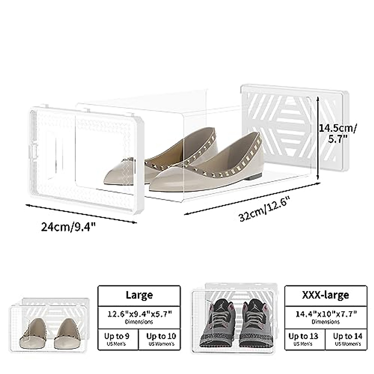 JOISCOPE 12 Pack Shoe Storage Boxes, Fit up to US Size 10, Clear PP Plastic Stackable Shoe Organizer for Closet, Space Saving Foldable Shoe Container Bins, for Entryway, White