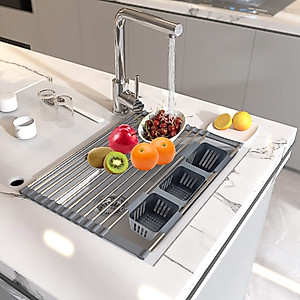 Expandable Roll Up Dish Drying Rack Up to 22.8''with 2 storage baskets,Over the Sink Kitchen Rolling Sink Rack Multipurpose Dry Rack Dish Drainer, Foldable and Rollable,for Kitchen Dishes,Cups,Fruits