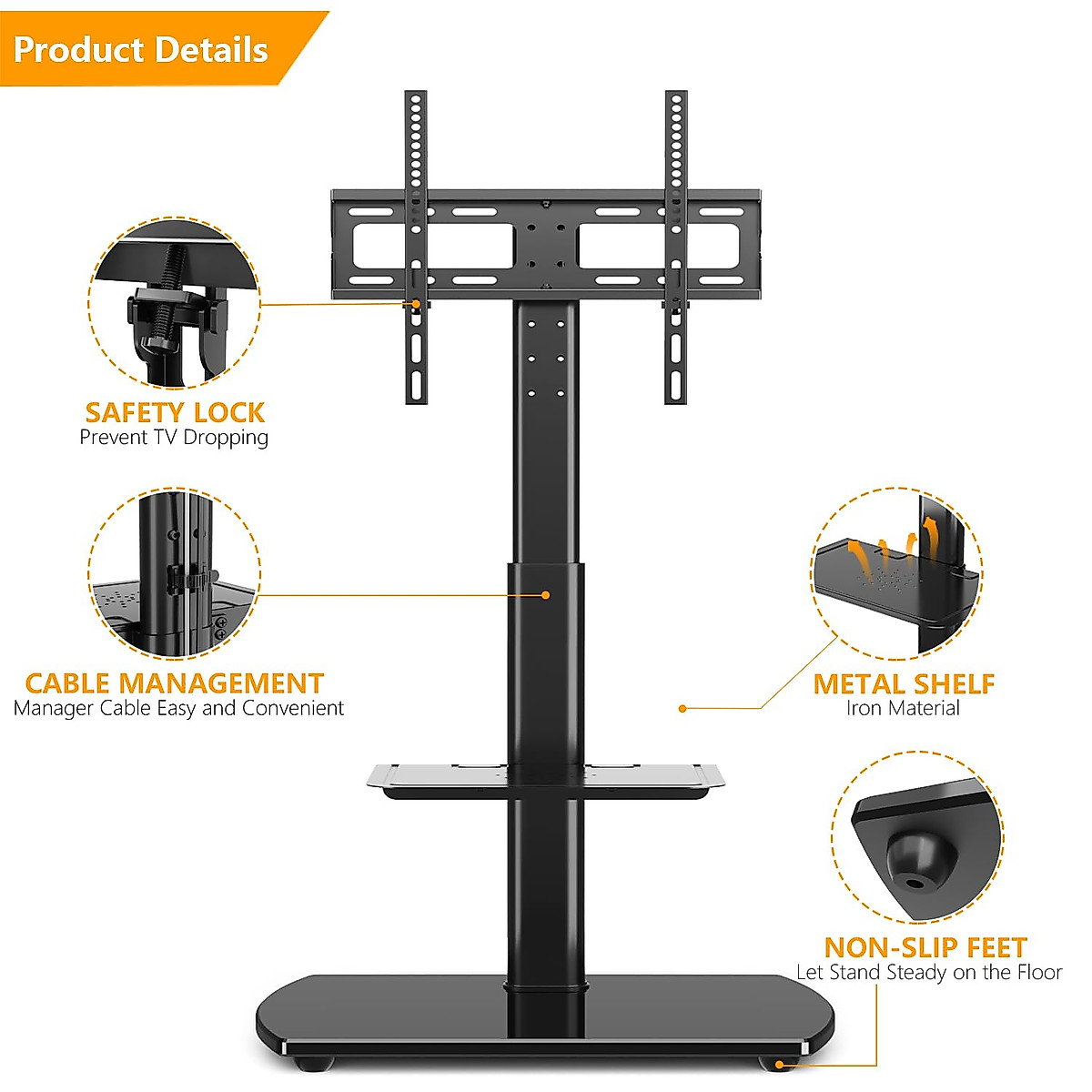 5Rcom Universal TV Floor Stand with 2 Shelves for 27 32 37 42 47 50 55 65 inch Tall LCD LED Flat or Curved Screens TVs Skinny TV Stand with Swivel Mount and Height Adjustable, Black