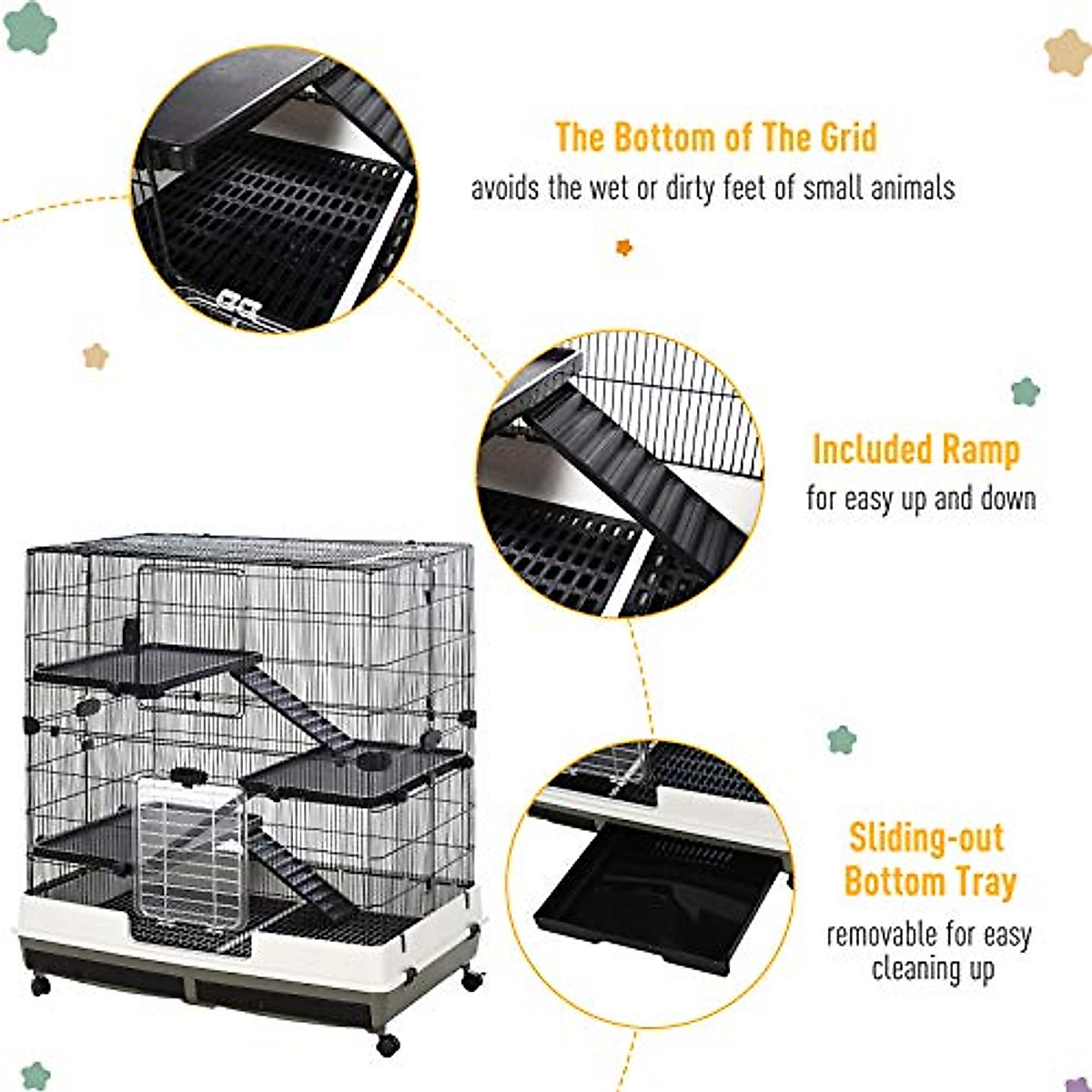 PawHut 4-Level Small Animal Cage Hutch with Wheels, Removable Tray, Platform and Ramp for Rabbit Bunny, Chinchillas, Ferret, Hedgehog & Gerbils