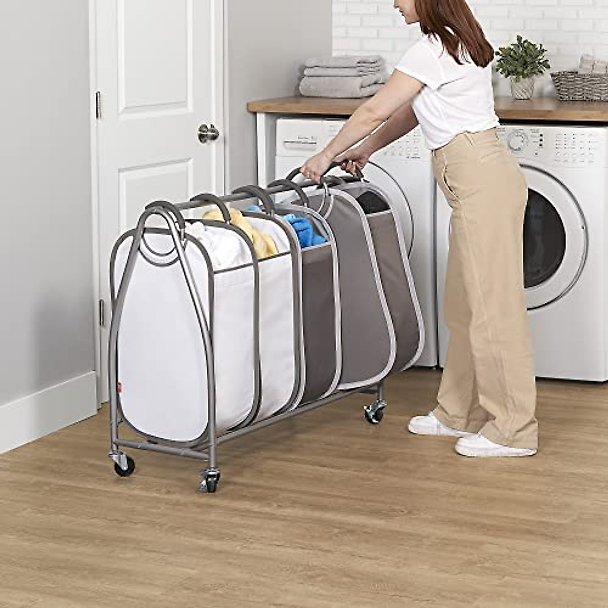 4 Pocket Laundry Hamper With Wheels by Neatfreak! - Rolling Storage Cart With 4 x Dirty Clothes Hamper Tote Bags For Towels, Blankets & Bathroom Organization - Quad Laundry Sorter - 39 x 16 x 35 in