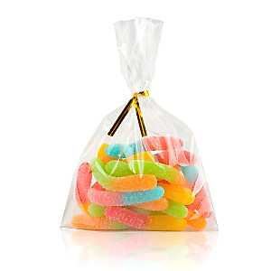 COOLAKE Clear Treat Bags 100 PCS Cellophane Bags Clear Candy Bags with 100 PCS Metallic Twist Ties For Kids Birthday Candy Popcorn Gift Cookie Small (4''by 6'')