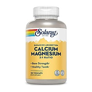 Solaray Enhanced Absorption Calcium Magnesium - 180 VegCaps - 2:1 Ratio - Supports Bone Strength & Healthy Teeth - Vegan