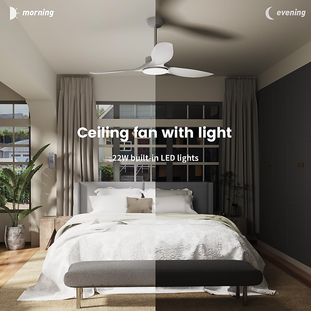 Wozzio 52 Inch Ceiling Fans with Lights Remote Control,White Modern Ceiling Fan 22W Dimmable LED Light,3 Reversible Blades,DC Motor 6 Speed Ceiling Fan for Bedroom Living Room Kitchen Home Office