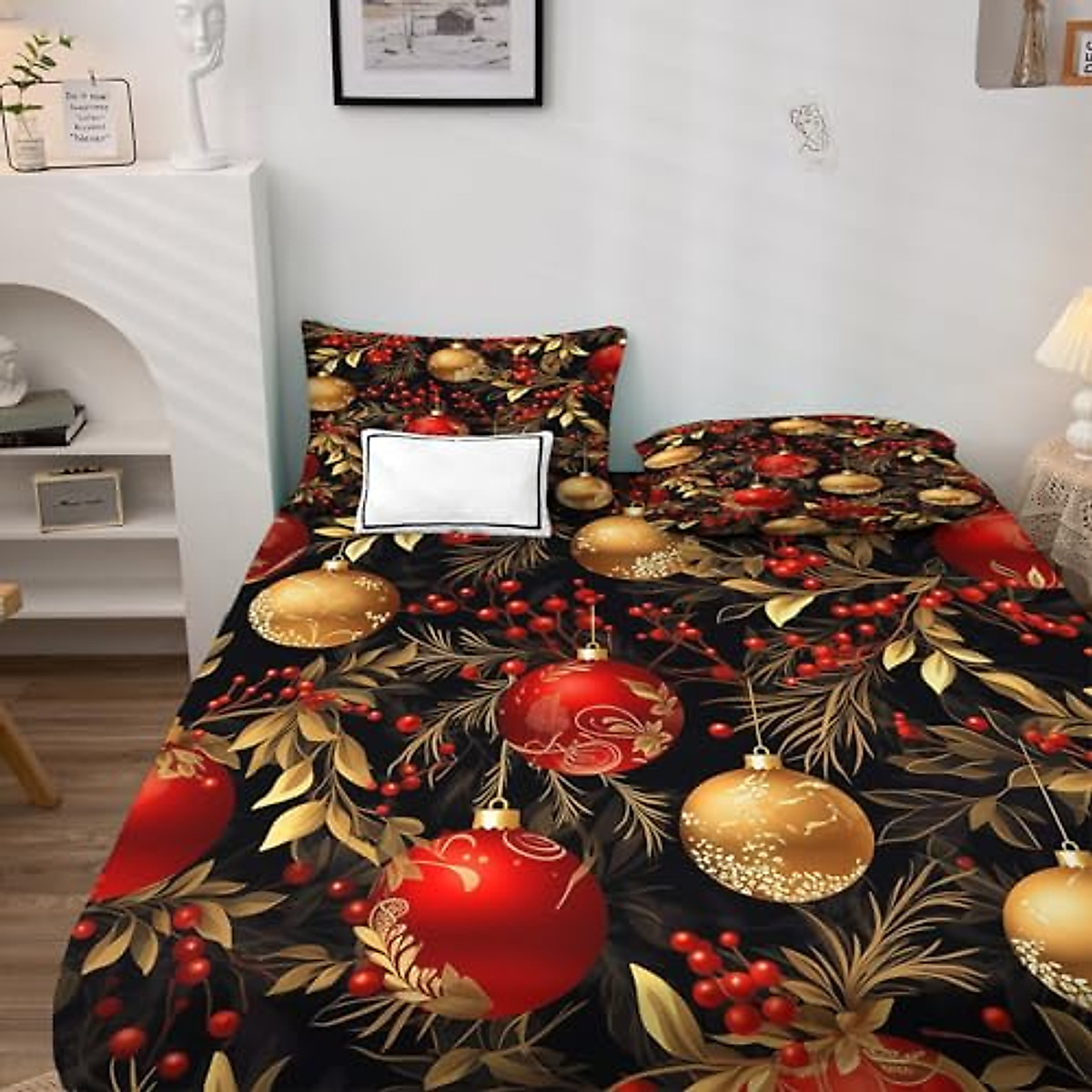 zcsm Christmas Balloon Sheets Full Size Sheet Sets - Xmas Holiday Bed Sheets, Soft Microfiber & Deep Pocket & Wrinkle Free Bedding Sheets & Pillowcases, 1 Fitted Sheet, 1 Flat Sheet, 2 Pillow Cases