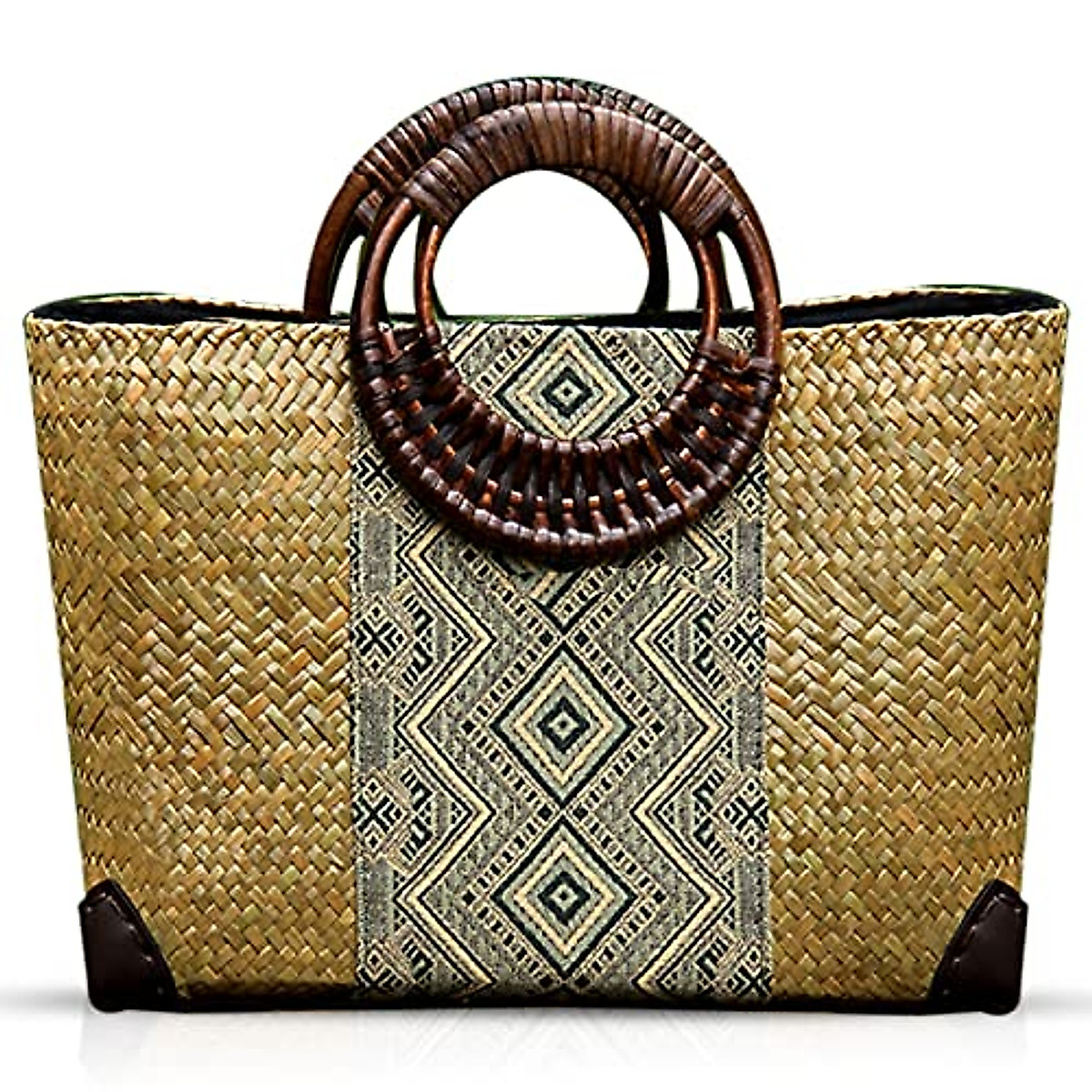 QTKJ Straw Bag, Summer Beach Handmade Rattan Tote Bag, Large Straw Woven Handbag, Boho Retro Rattan Bag for Women Vacation Beach Travel (Natural)
