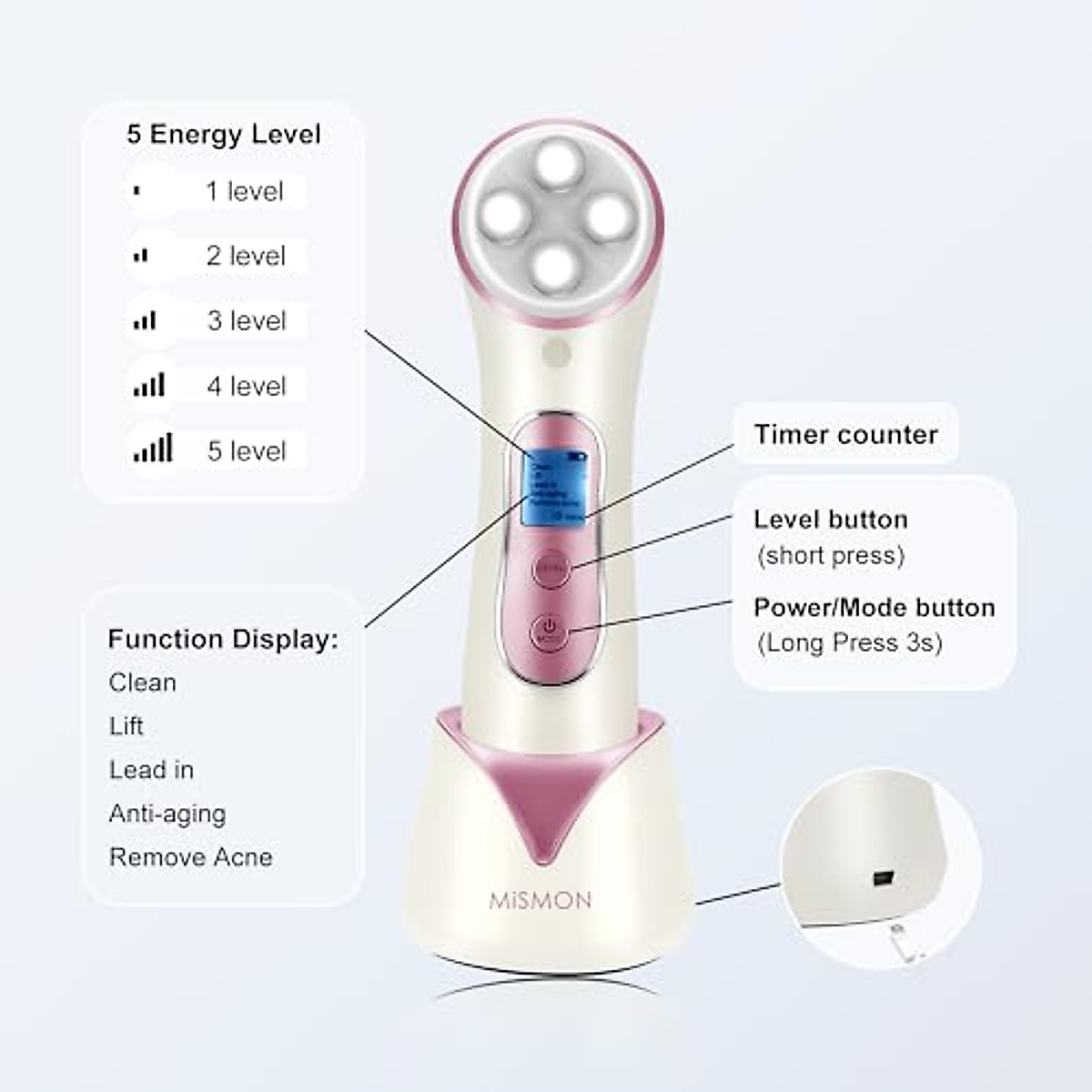 MiSMON High Frequency Facial Machine LED Light Theraphy Skin Tightening Device for Face, 5 in 1 Multifunctional Facial Massager for Wrinkle and Acne Removal