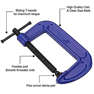 CEE 2Pack 4 Inch C Clamps Set, Heavy Duty C Clamps for Woodworking, Industrial Strength G Clamps for Welding, Building, Household Clamping Projects, Blue