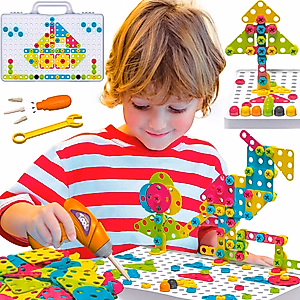249 PCS STEM Learning Toys – Electric Drill DIY Educational Set, Creative Engineering with Various Shapes and 5 Toy Tools – 2&3D Mosaic Construction Kit for Toddlers, Boys and Girl Ages 3 4 5 6 7 8 9