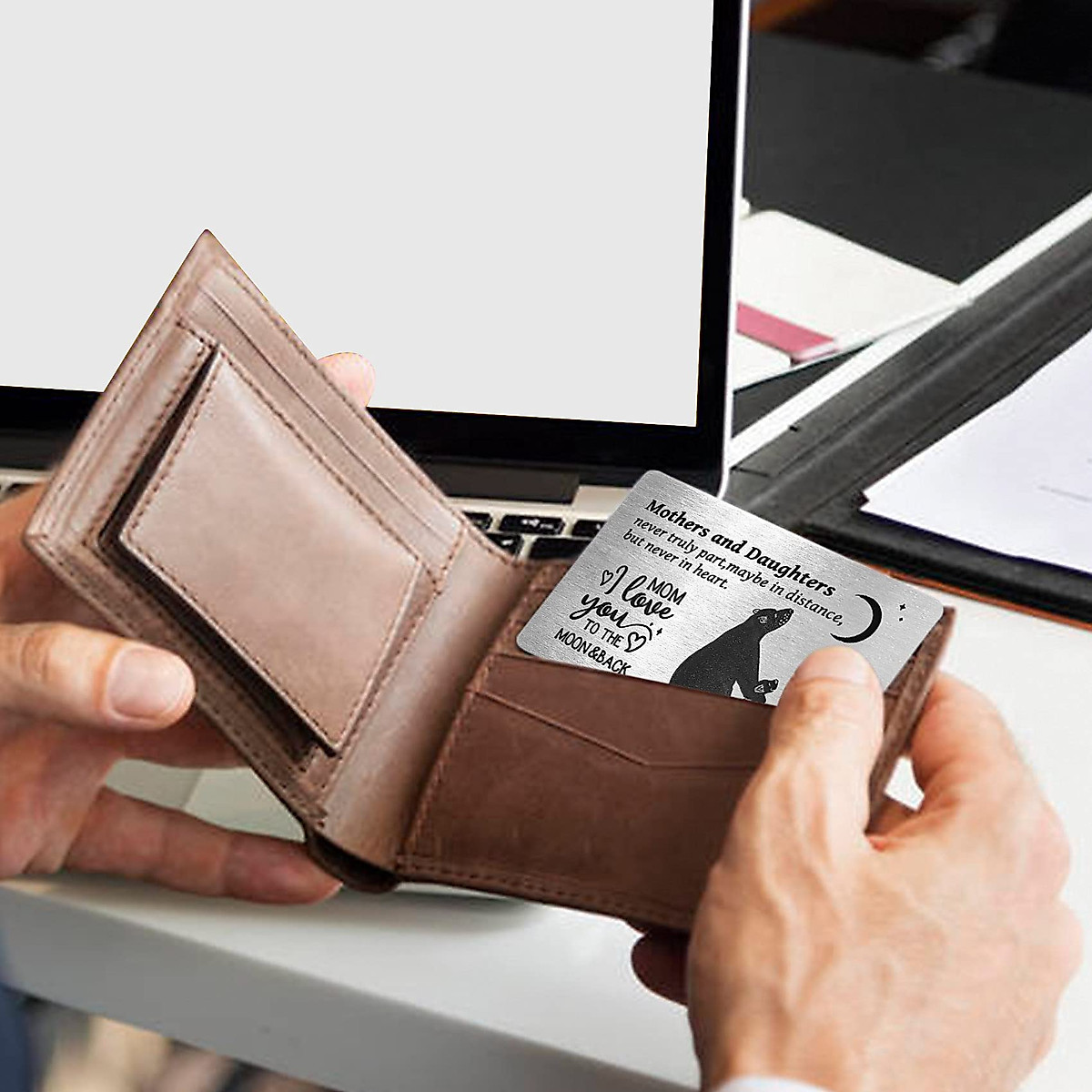 Tawdull Mom Gifts for Mothers Day from Daughter Engraved Metal Wallet Inserts Cards Mothers and Daughters Never Truly Part Gift Birthday Cards Mama Bear Present