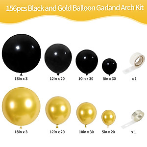 RUBFAC 156Pcs Black and Gold Balloons Arch Garland Kit, 5/10/12/18 Inch Latex Balloons Set for Graduation Birthday Party Wedding Anniversary Decorations
