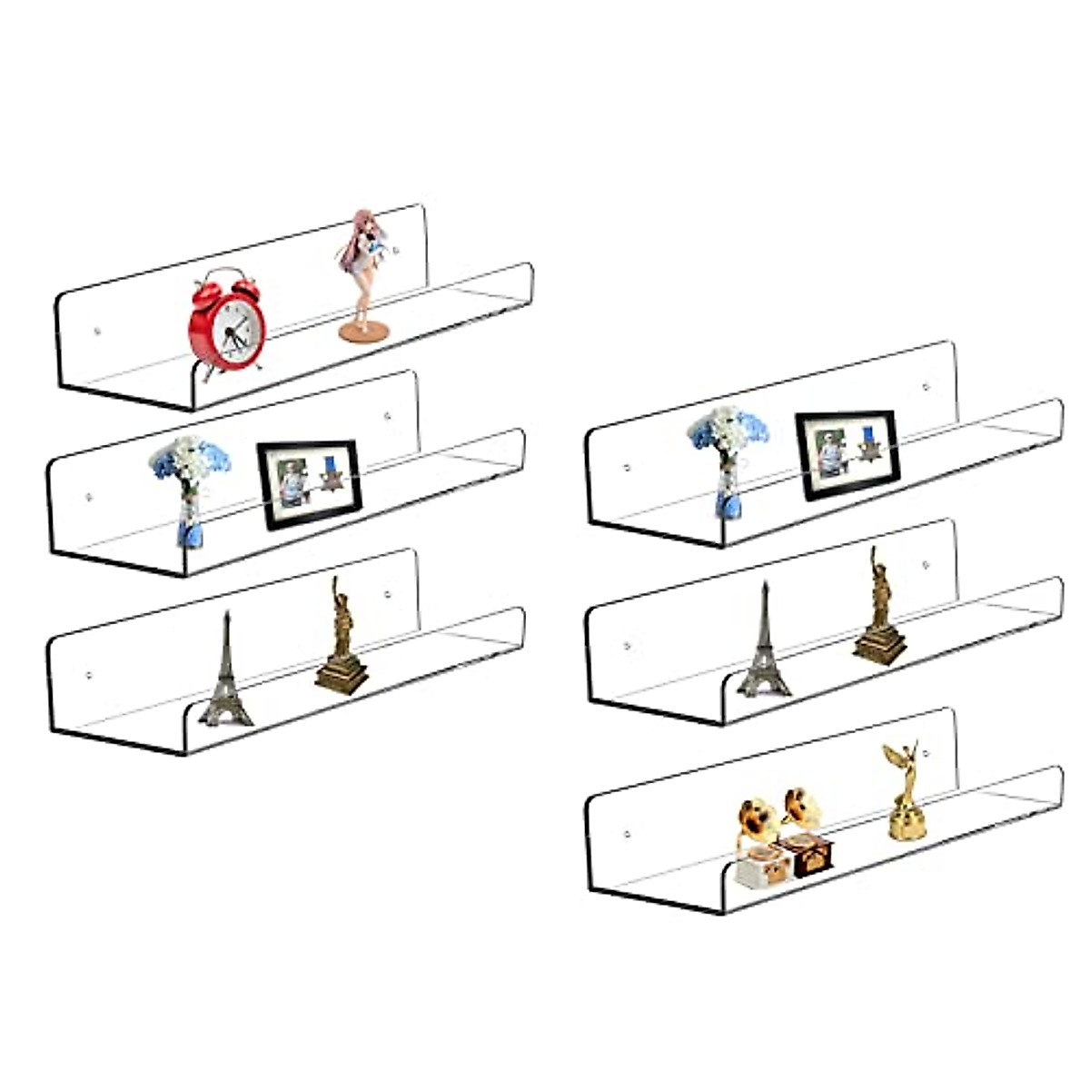 Ashwath 6 Pack Clear Acrylic Floating Shelves, 15" Invisible Floating Wall Ledge, Nursery Kids Bookshelf, Wall Shelves For Collectables, Makeup, Spice, Display Organizer For Bathroom, Kitchen, Bedroom