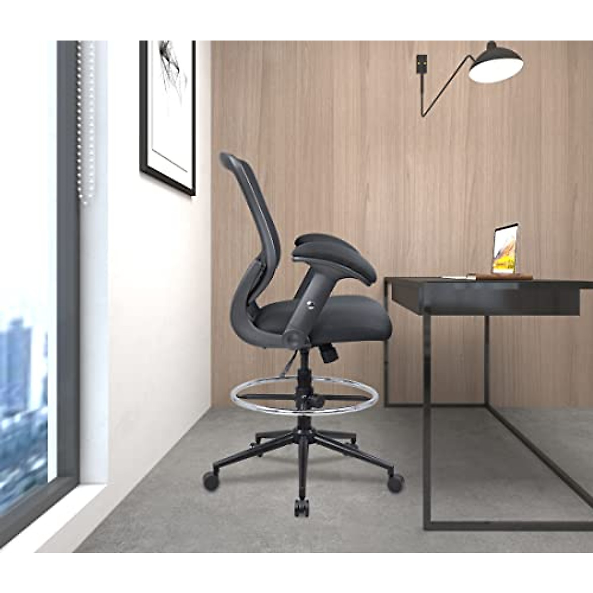 LONGBOSS Ergonomic Drafting Chair, Tall Office Chair Computer Desk Chair Standing Desk Stool with Adjustable Foot Ring and Flip-Up Arms (Black)