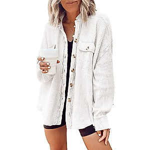 Yanekop Waffle Knit Button Down Shirt Womens Shacket Oversized Long Sleeve Shirt Jacket Trendy Outfits 2025(A White,XL)