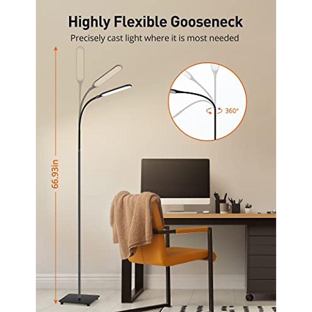 sympa LED Floor Lamp, Super Bright Dimmable LED Lamps for Living Room, Standing Lamp with Adjustable Gooseneck, Touch Control, Stable Base Floor Lamps for Bedroom Office (Black)