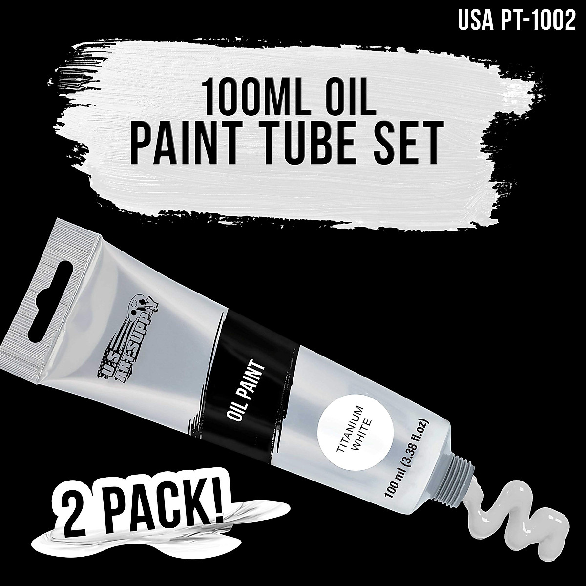 U.S. Art Supply Artists Oil Color Paint, Titanium White, 2 Extra-Large 100ml Tubes - Professional Grade, Excellent Tinting Strength, Mixable - Portrait Painting, Canvas, Wood Media - Student, Beginner