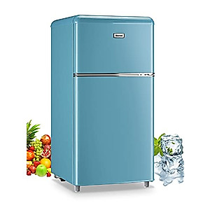 WANAI Compact Refrigerator 3.2 Cu.Ft Retro Mini Fridge with Freezer Dual Door Small Refrigerator with 7 TEMP Modes, LED Lights, Removable Shelves, Ideal for Bedroom Dorm Office Apartment