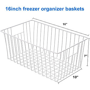 16inch Freezer Organizer Baskets, Metal Wire Refrigerator Storage Container Bins for Chest and Upright Freezer Organization with Built-in Handles - Pearl White (White, 3)