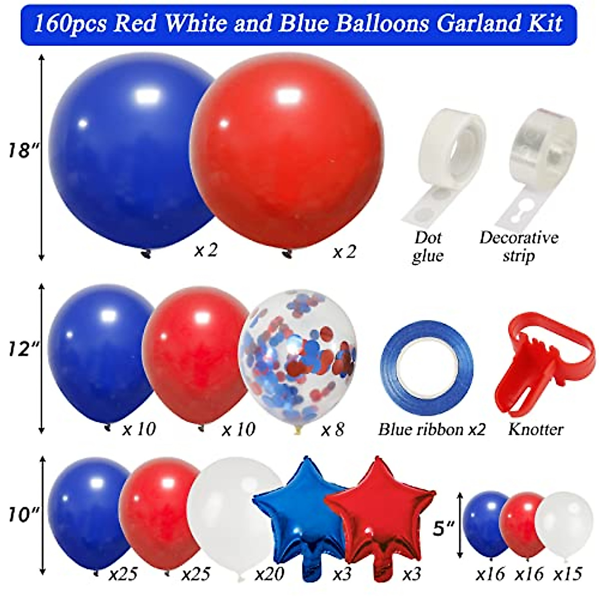 RUBFAC 160pcs Red White and Blue Balloons Garland Arch Kit 4th of July Decoration Graduation Birthday Wedding Nautical Baseball Theme with Star Foil Balloons