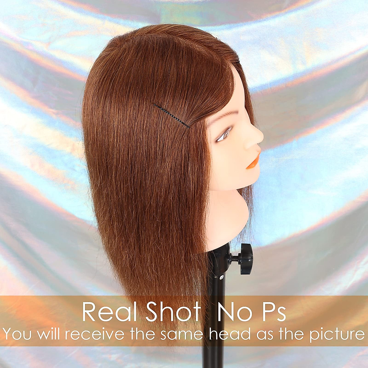 Mannequin Head with 100% Human Hair 20-22" Cosmetology Mannequin Head with Real Hair for Hairdresser Manikin Head Doll Head for Practice and Hair Cutting with Free Clamp & Hairdressing Tools (Brown)