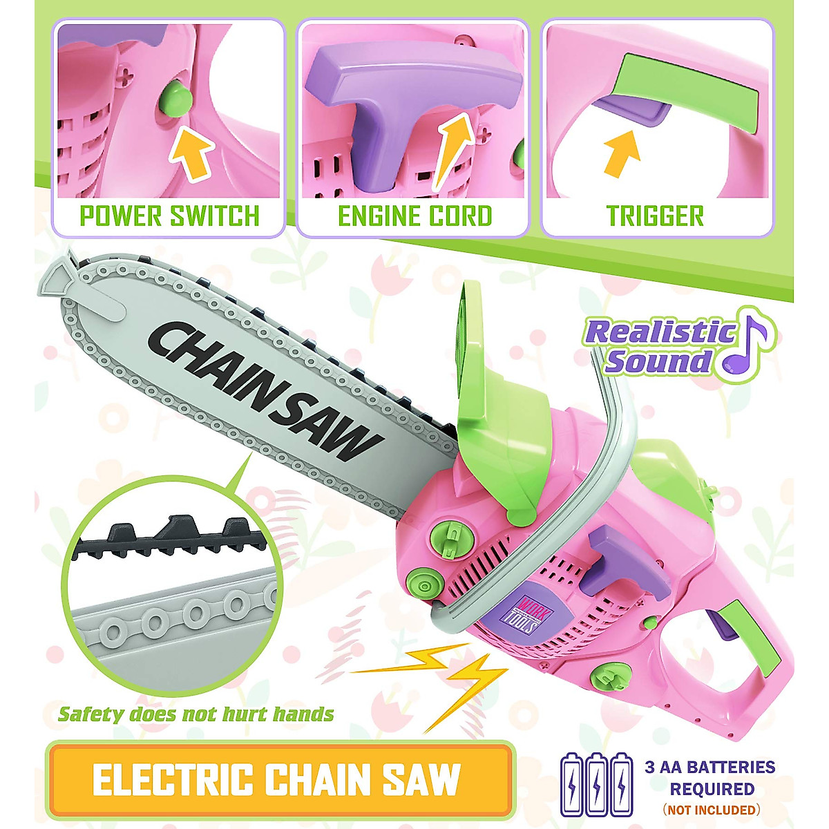 Kids Tool Set with Electric Toy Drill Chainsaw Jigsaw Toy Tools for Girl, Realistic Kids Power Construction Pretend Play Tools Set Toddler Toys Playset Kit for Toddler Boy Girl Kid Child Tool Toy Pink