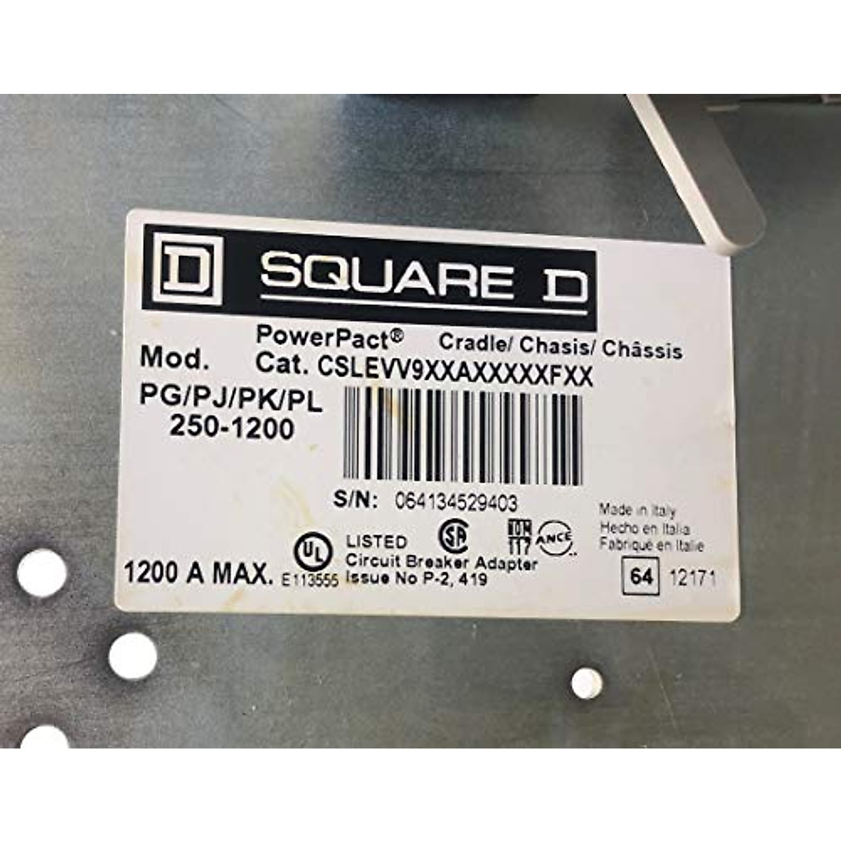 Square D 1200A CSLEVV9XXAXXXXXFXX PowerPact Breaker Cradle Chassis 250-1200 Amp