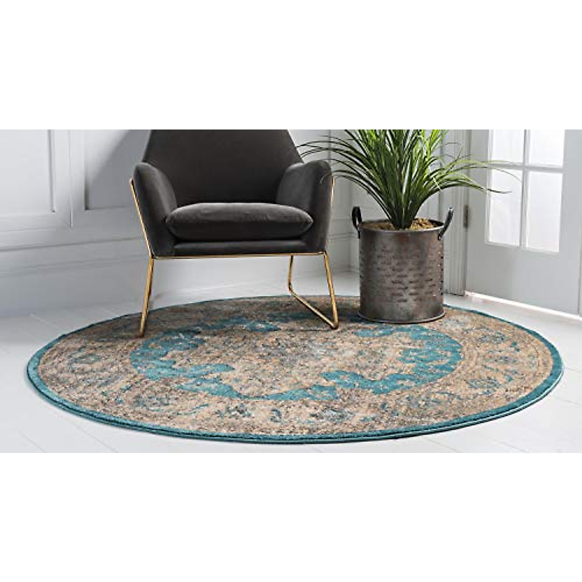 Unique Loom Aurora Collection Over-Dyed, Abstract, Botanical Southwestern, Transitional Area Rug, 8 ft x 8 ft, Teal/Beige