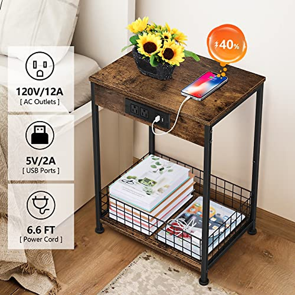 Vrisa Nightstand with Charging Station Bed Side Tables Set of 2 with USB Ports and Outlets Farmhouse Night Stand with Storage Basket Nightstands for Bedroom Living Room Industrial
