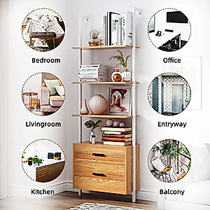 SogesHome Industrial Wall-Mounted Ladder Shelf with Cabinet, 4-Tier Bookshelf with Metal Frame, Storage Display Shelf with 2 Drawers for Living Room, Office, Bedroom, Bathroom, Kitchen